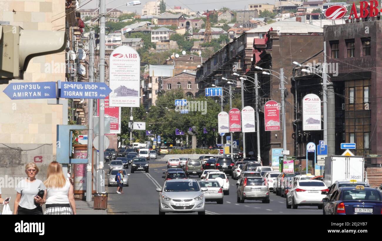 YEREVAN, ARMENIA, CAUCASUS - 28 AUGUST 2019: Busy street of modern city ...