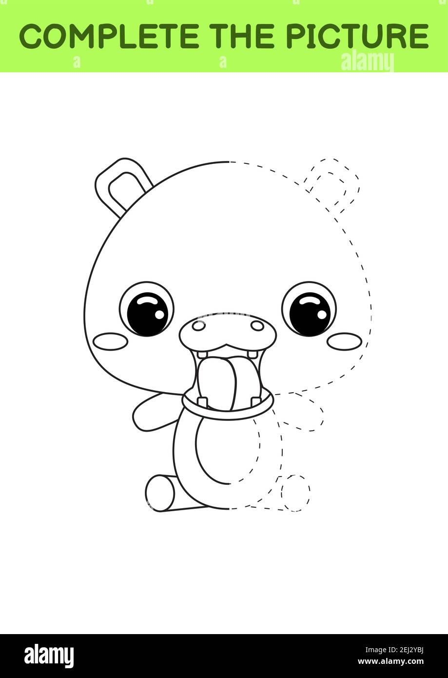 Complete drawn picture of cute hippo. Coloring book. Dot copy game ...