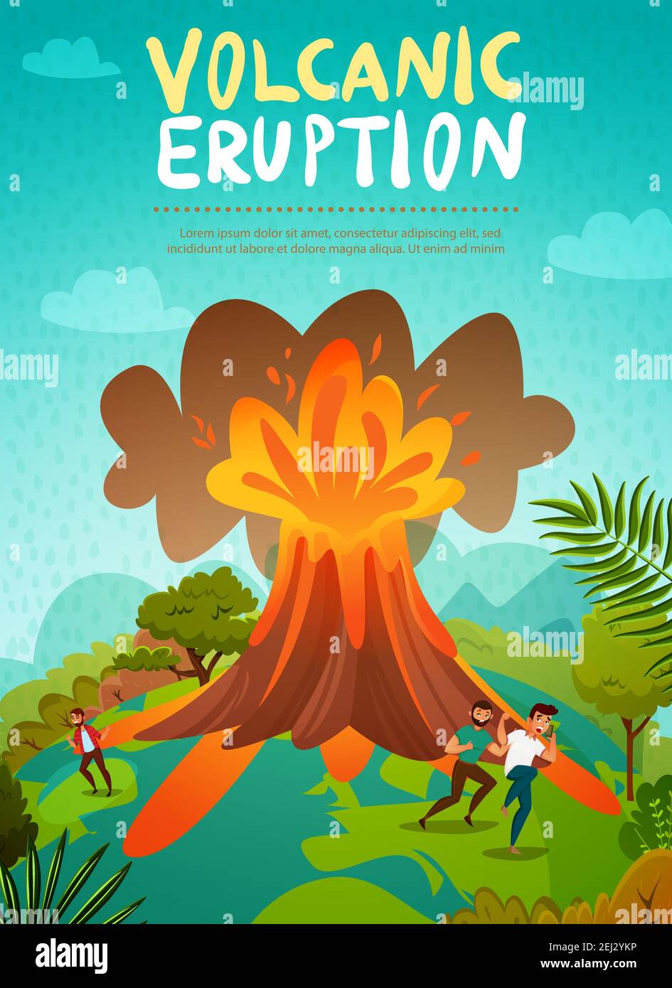 Natural disaster volcano eruption background with men in panic escaping ...