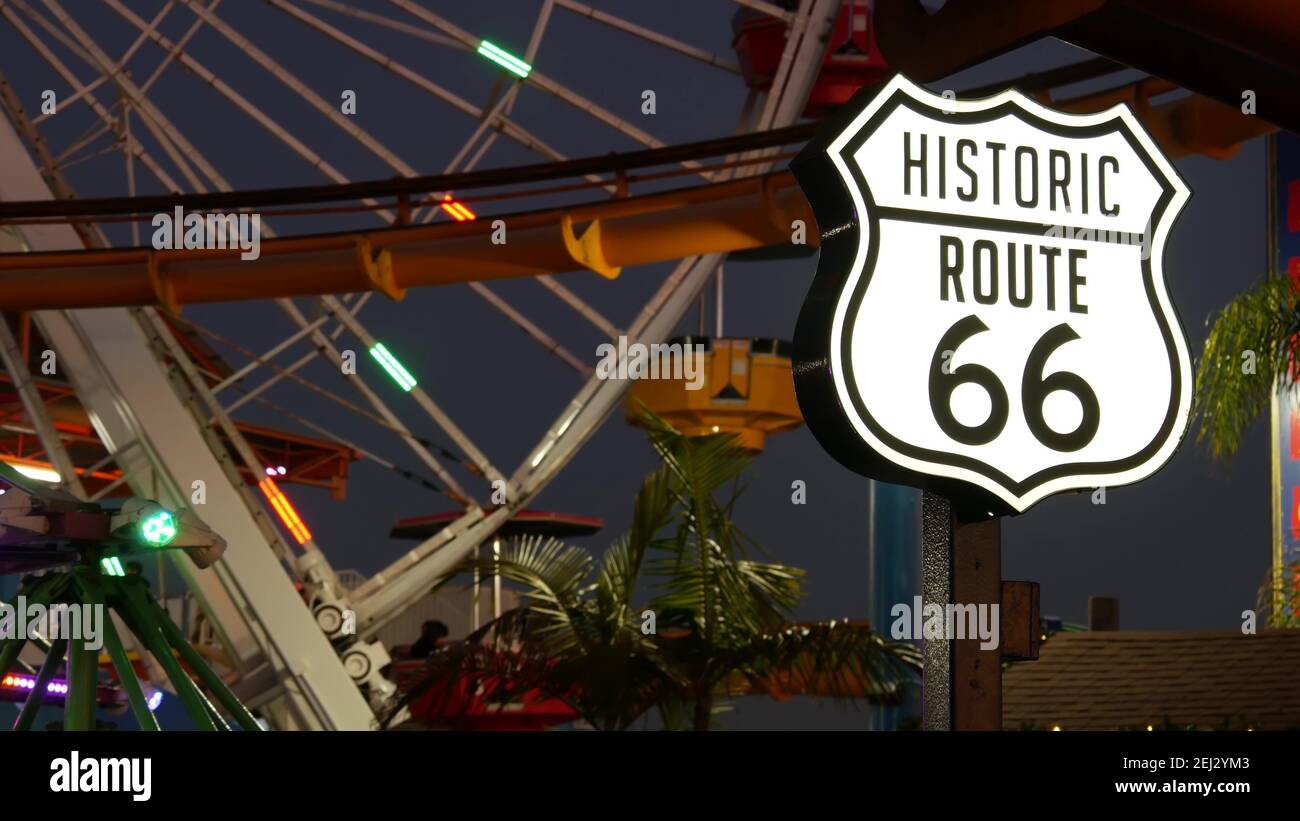 SANTA MONICA, LOS ANGELES, USA - 28 OCT 2019: Iconic road sign glowing ...