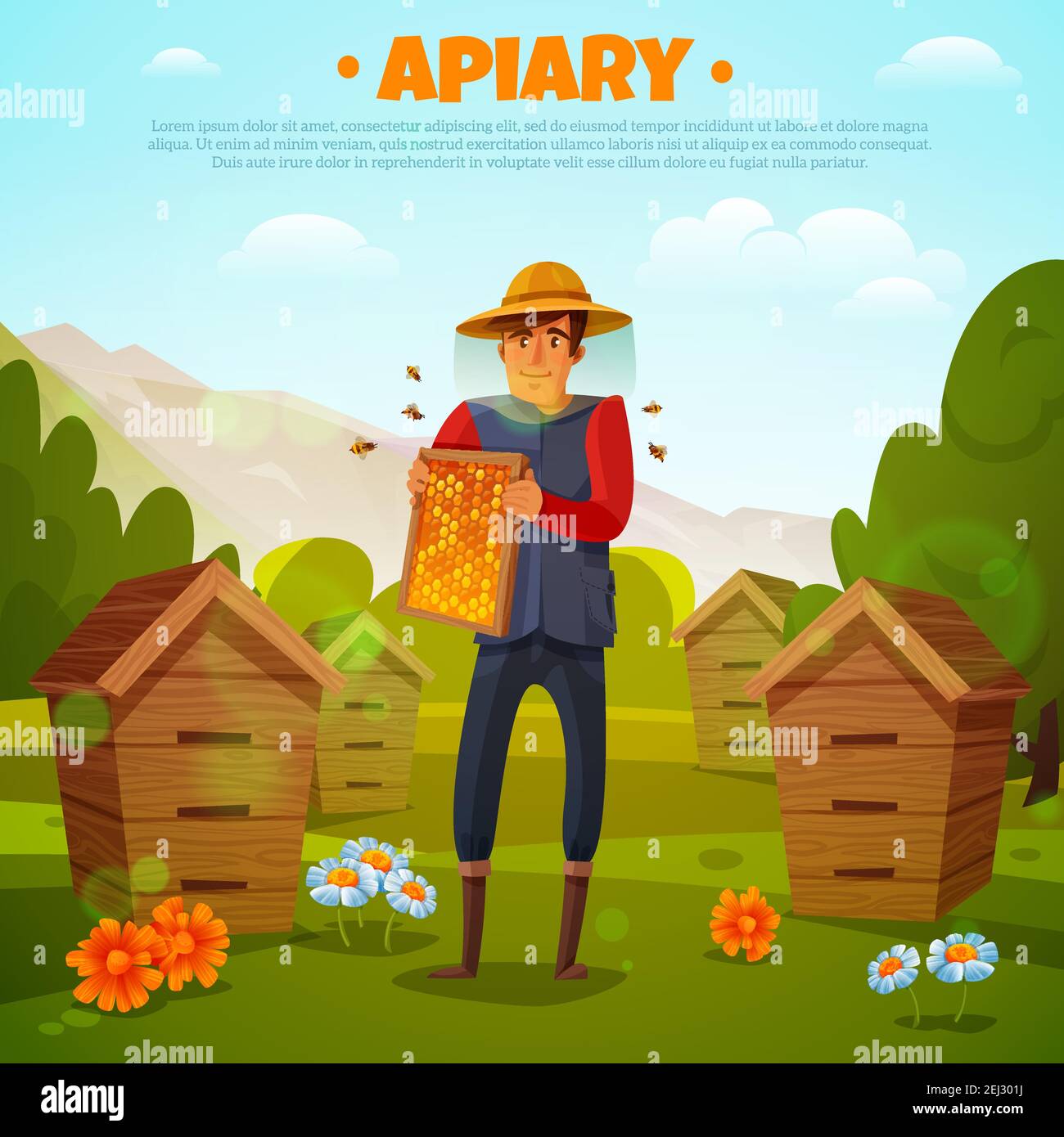 Beekeeper in protective hat with honeycombs between flowers and ...