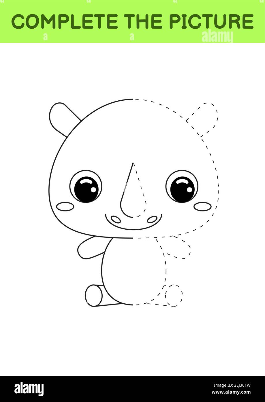 Complete drawn picture of cute rhino. Coloring book. Dot copy game ...