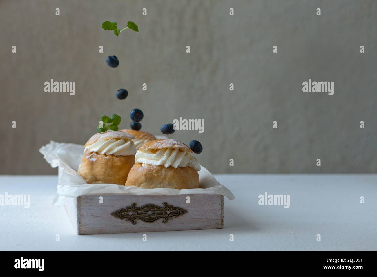 food concept - Fresh baked homemade buns on the table for breakfast ...