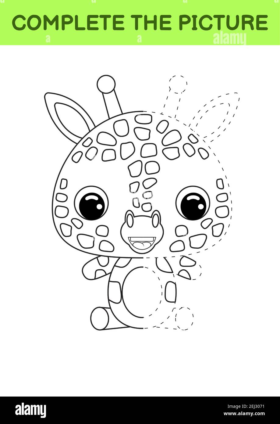 Complete drawn picture of cute giraffe. Coloring book. Dot copy game ...