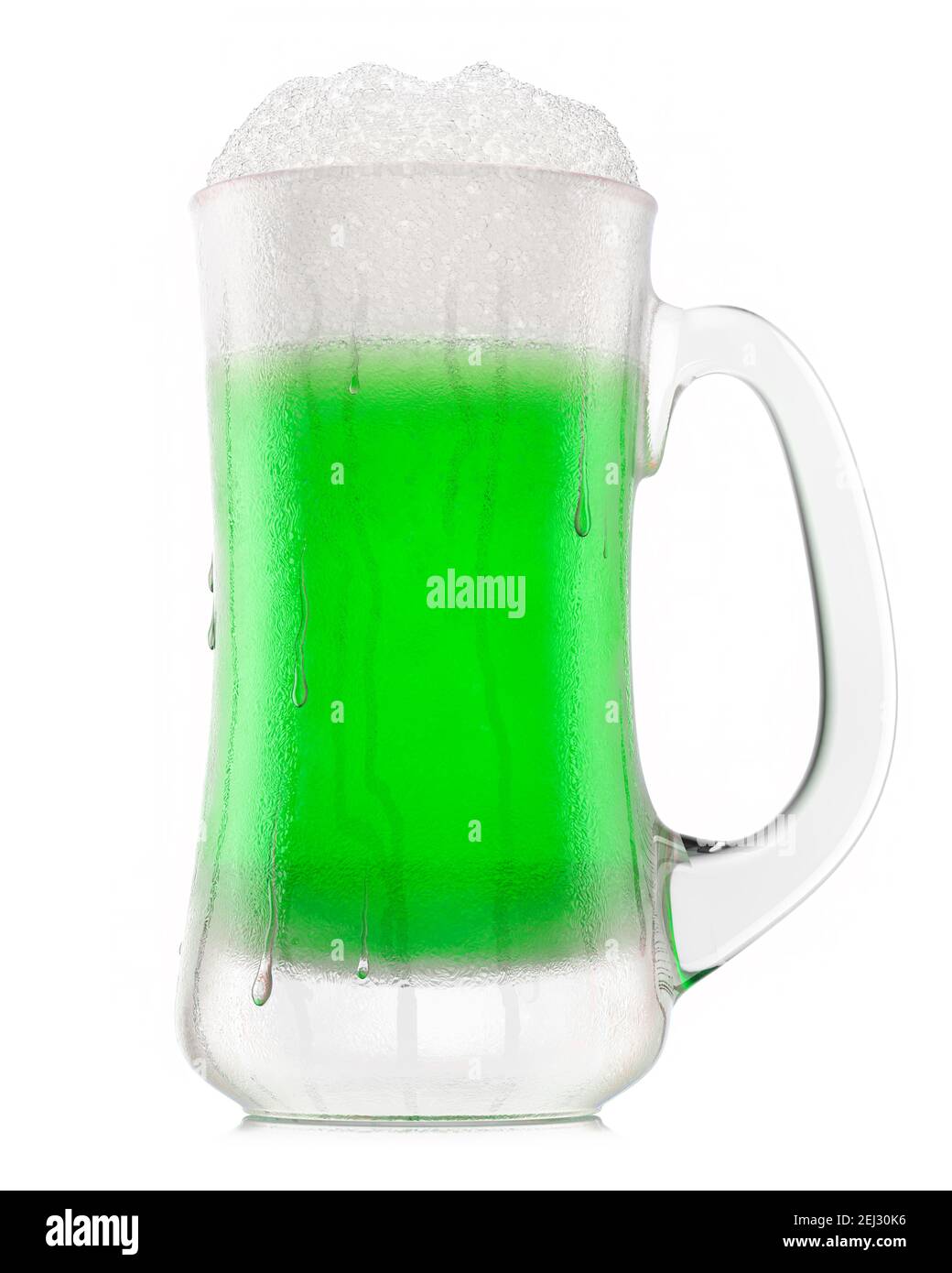 Frosty glass of draft green beer with bubble froth isolated on white ...