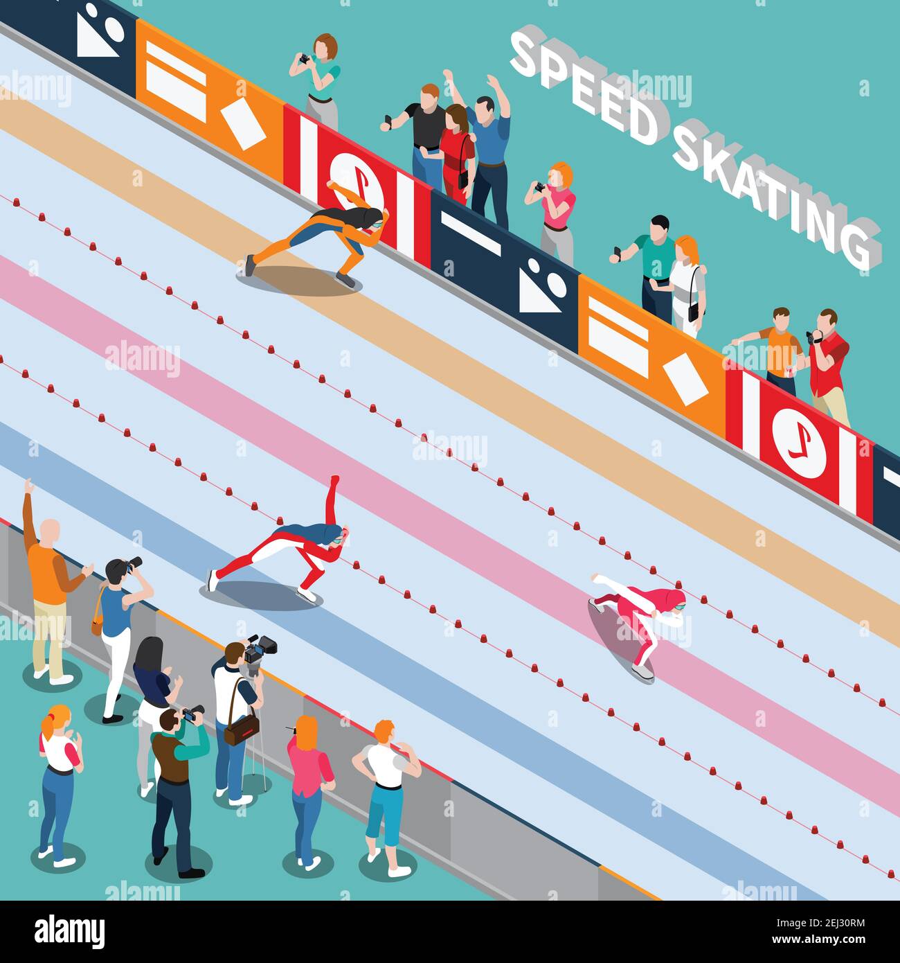 Winter sport isometric people composition with view of speed skating ...