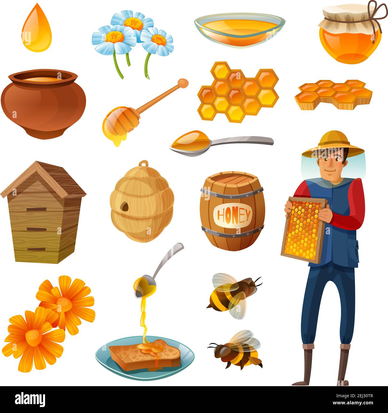 Honey in various containers cartoon set including beekeeper with ...