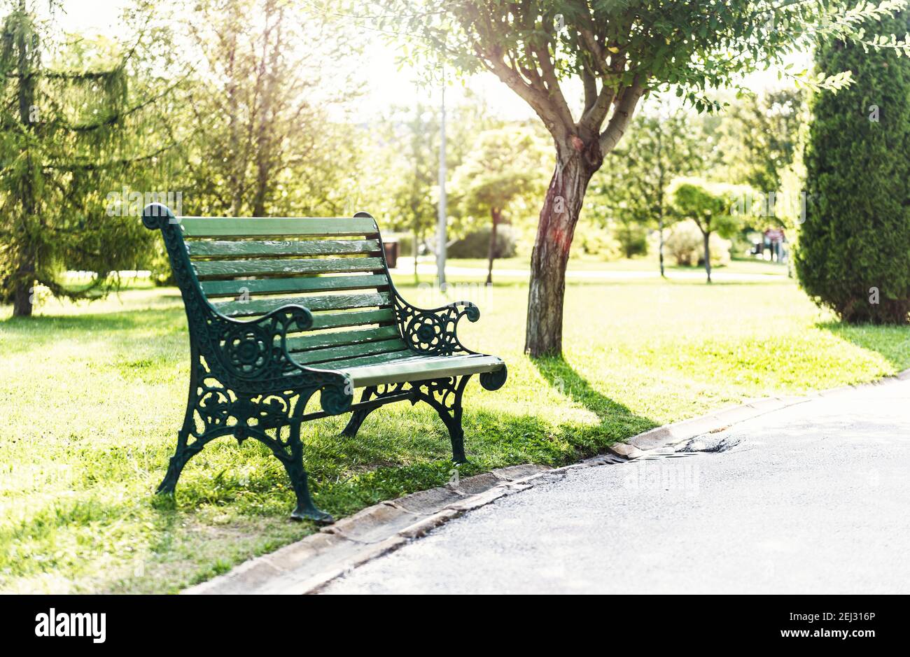 Green color wooden park bench in garden Stock Photo - Alamy