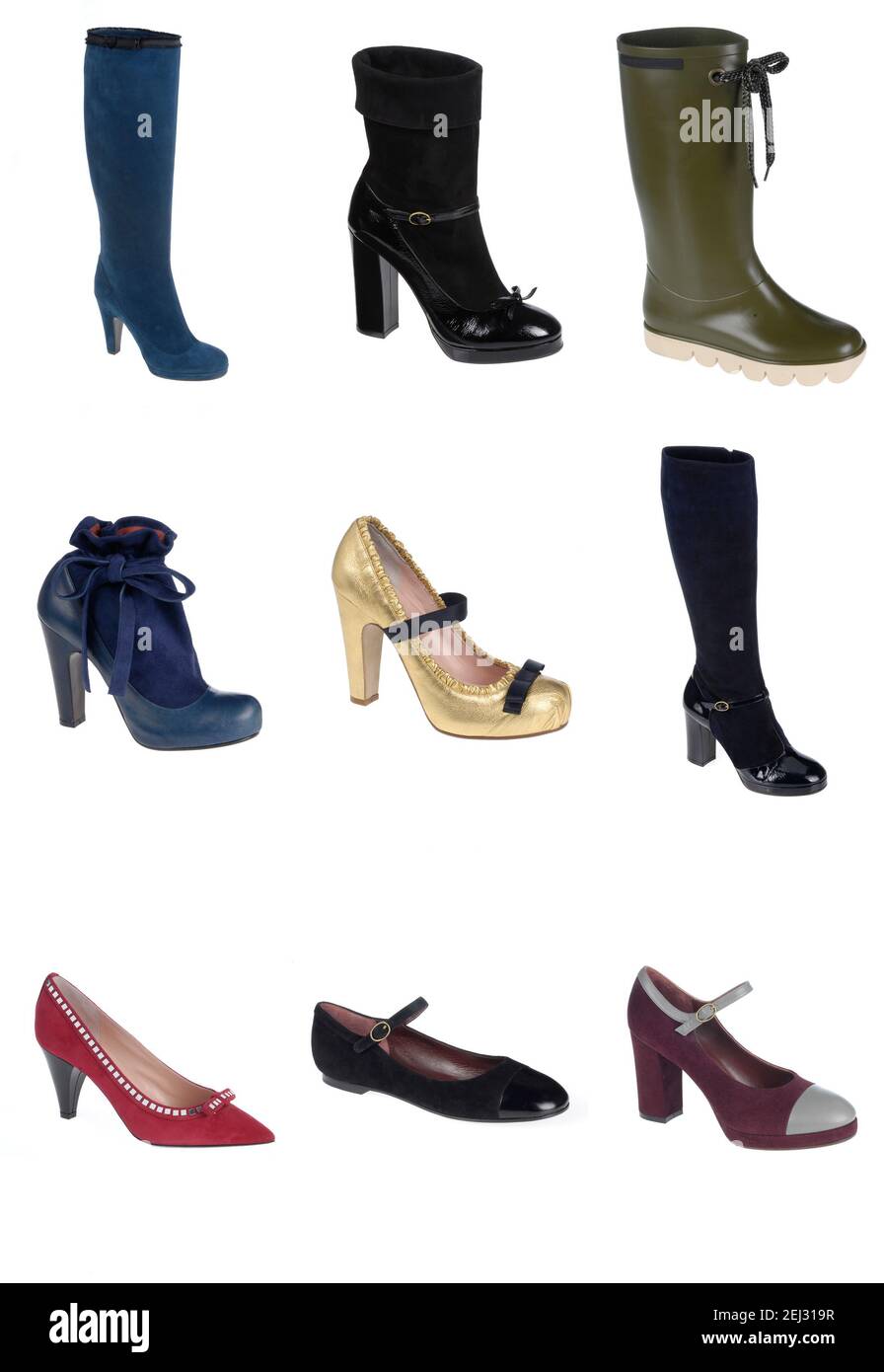 Large group of fashionable women's shoes composition. Isolated on white ...