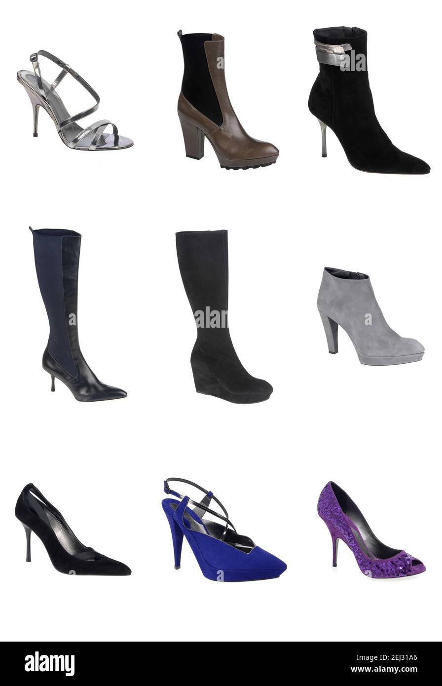 Large group of fashionable women's shoes composition. Isolated on white ...