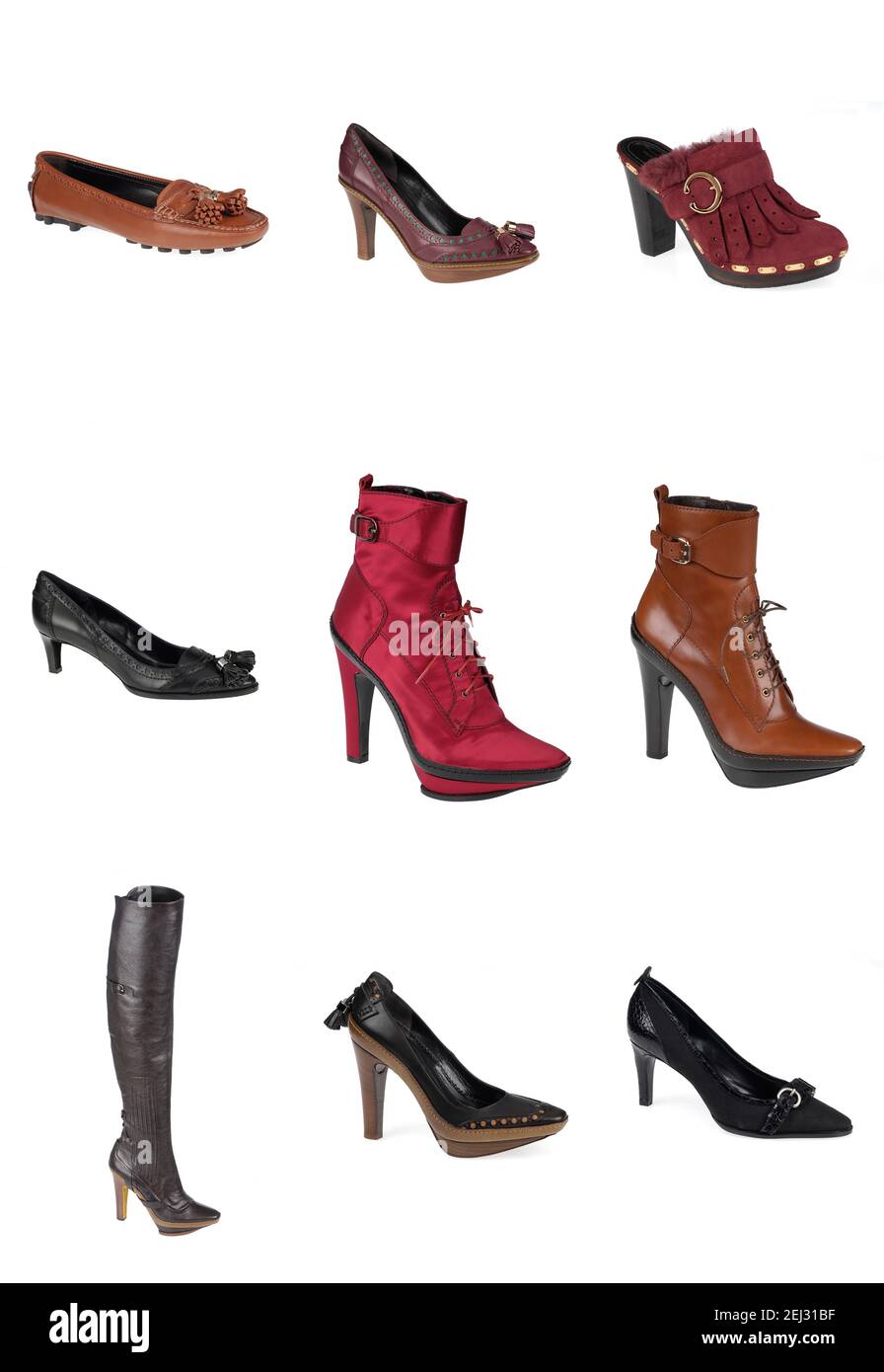Large group of fashionable women's shoes composition. Isolated on white ...