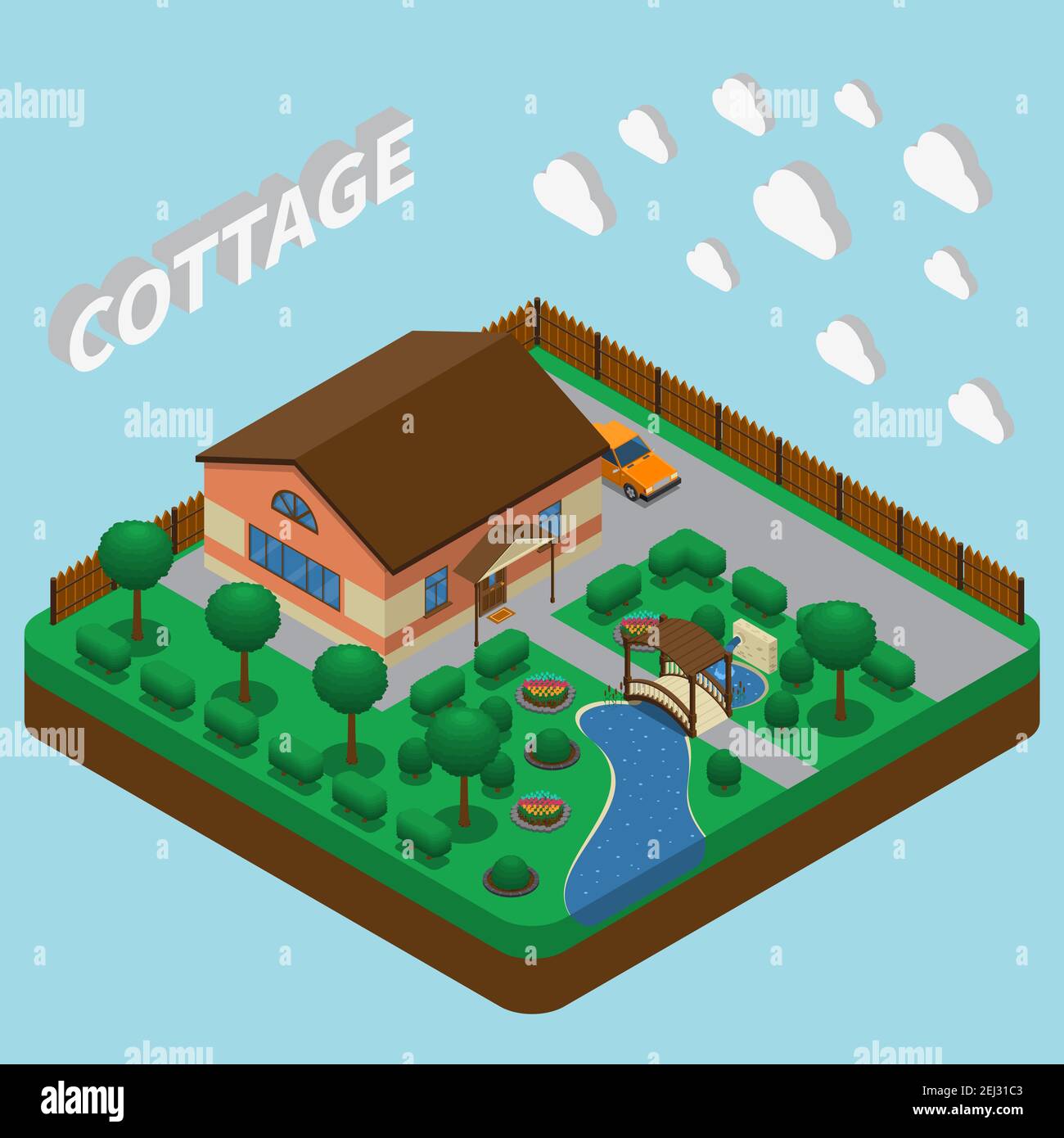 Isometric house composition with 3d text and images of clouds cottage with fenced adjacent ...