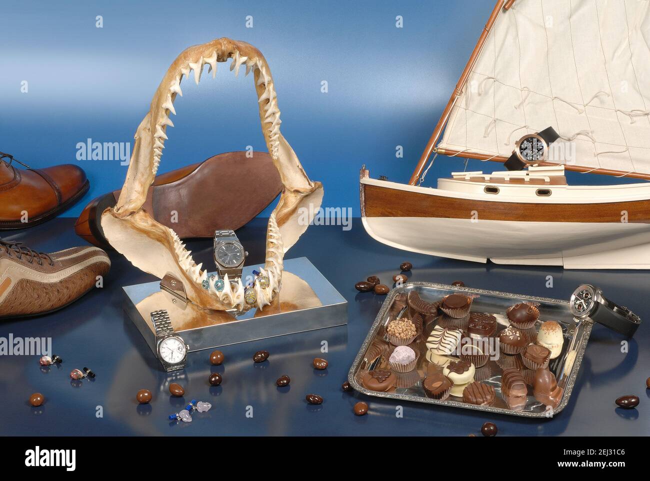 Group of luxury and very expensive mens items. Studio shoot still life ...