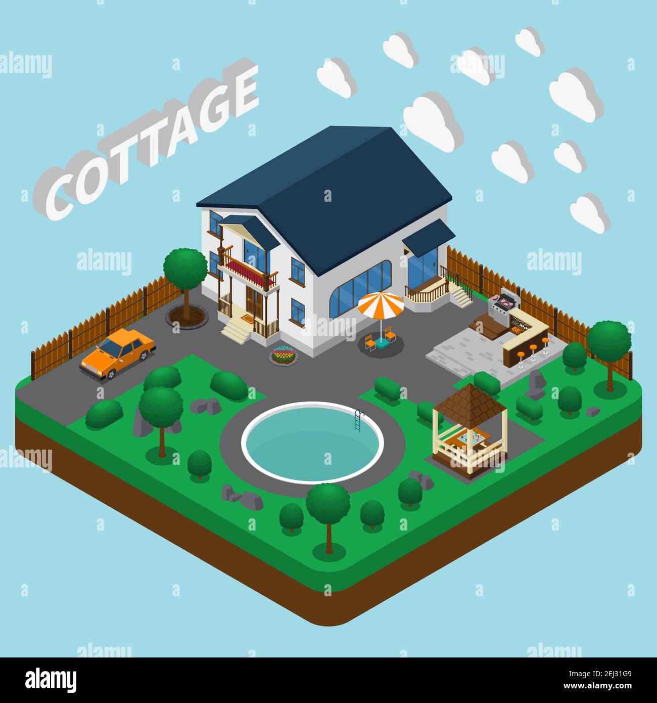 Isometric house composition with images of two-story cottage building and adjacent territory ...