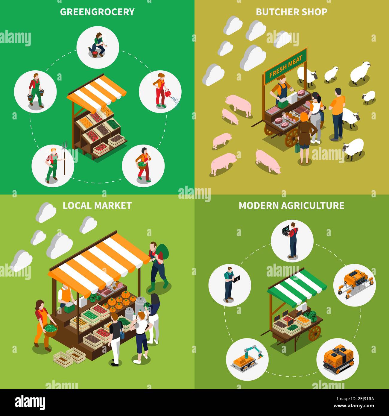 Farm local market isometric 2x2 design concept with images of market ...