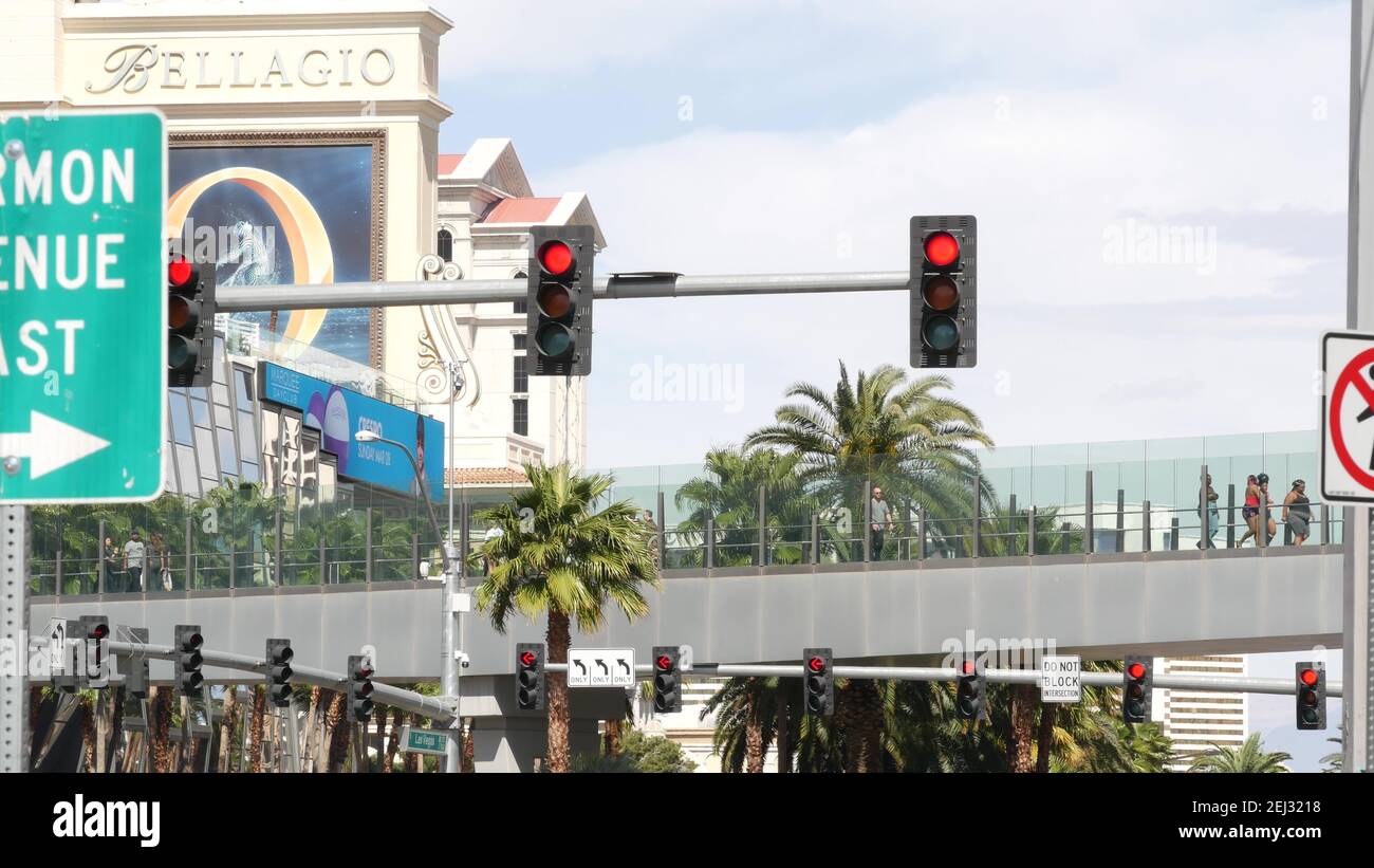LAS VEGAS, NEVADA USA - 7 MAR 2020: People on pedestrian skyway ...