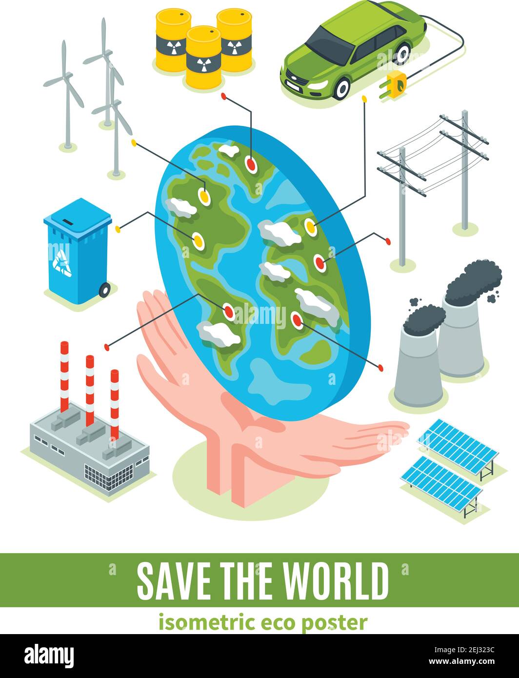 Isometric ecology poster composition with human hands holding globe and ...