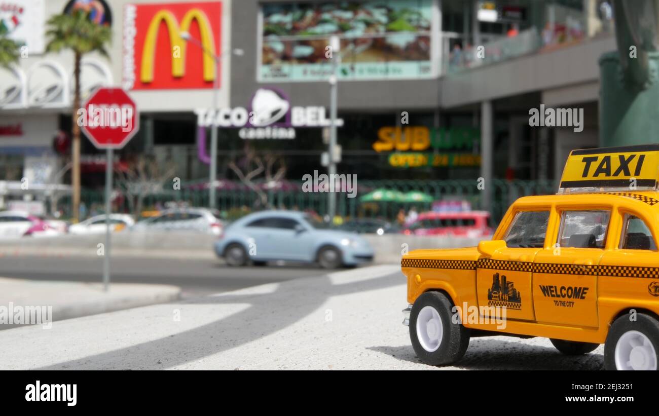 LAS VEGAS, NEVADA USA - 7 MAR 2020: Yellow vacant mini taxi cab close ...