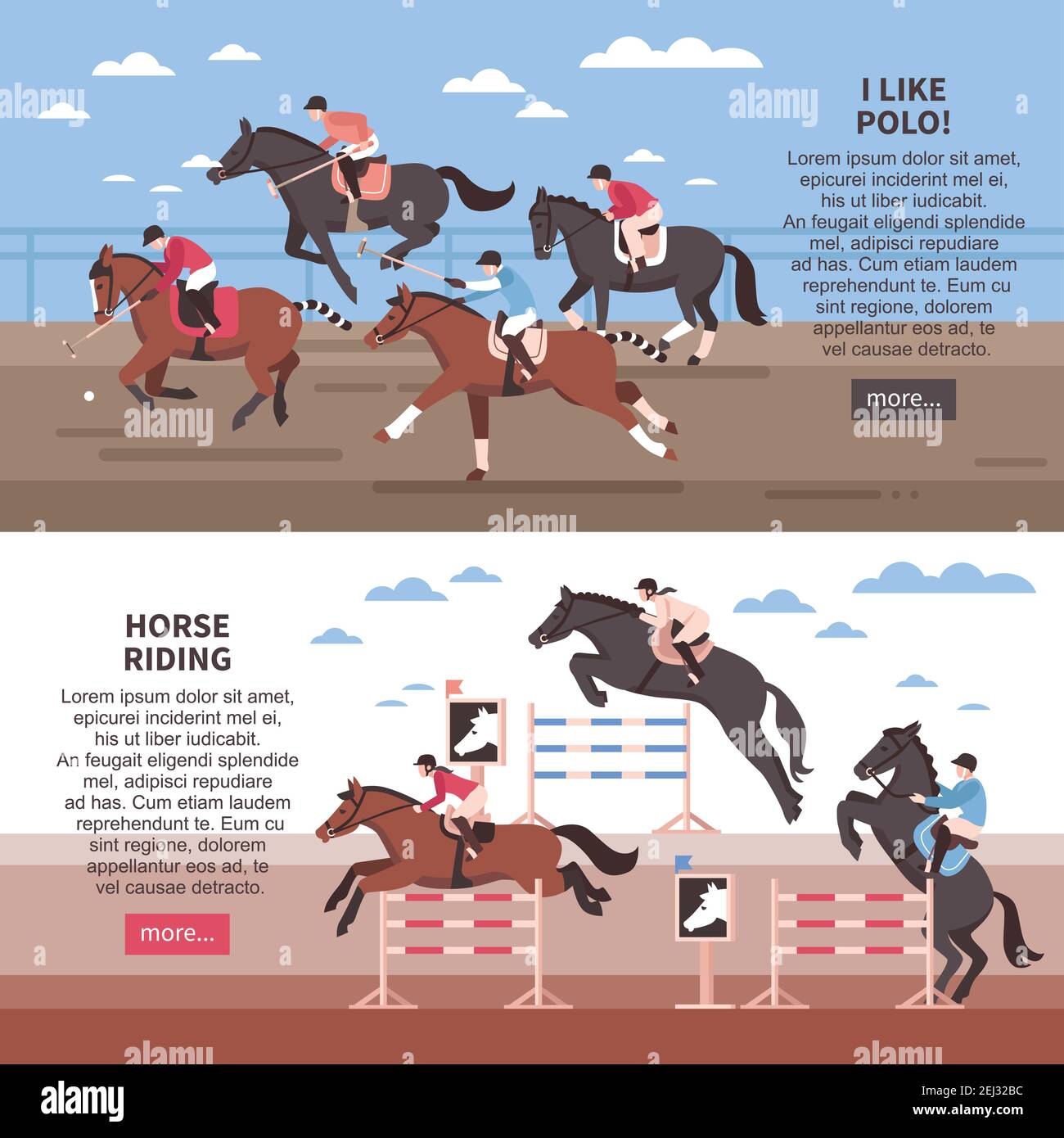Flat horizontal banners with horse riding with hurdles and polo players ...