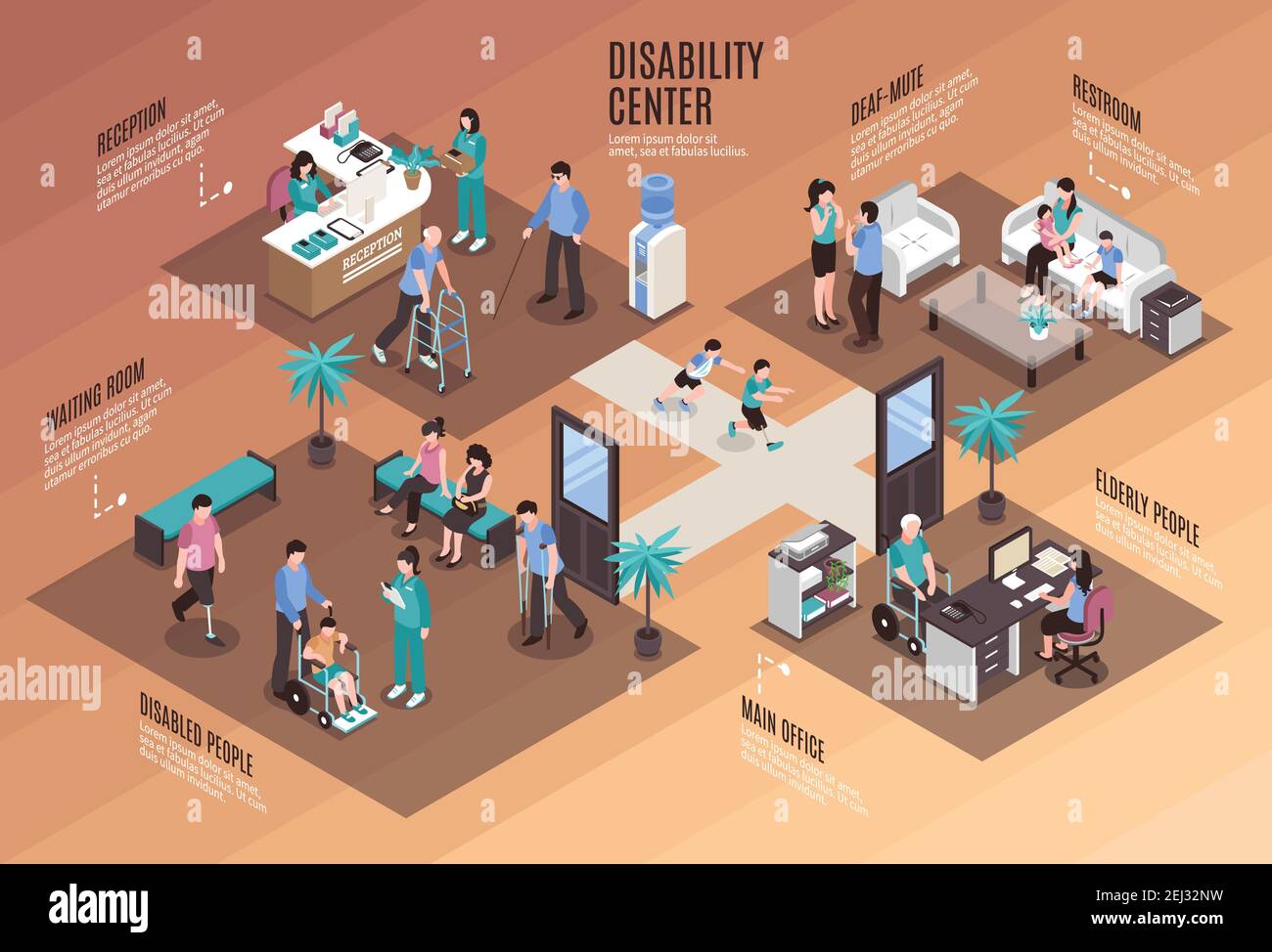 Disabled people horizontal composition with editable text captions and ...