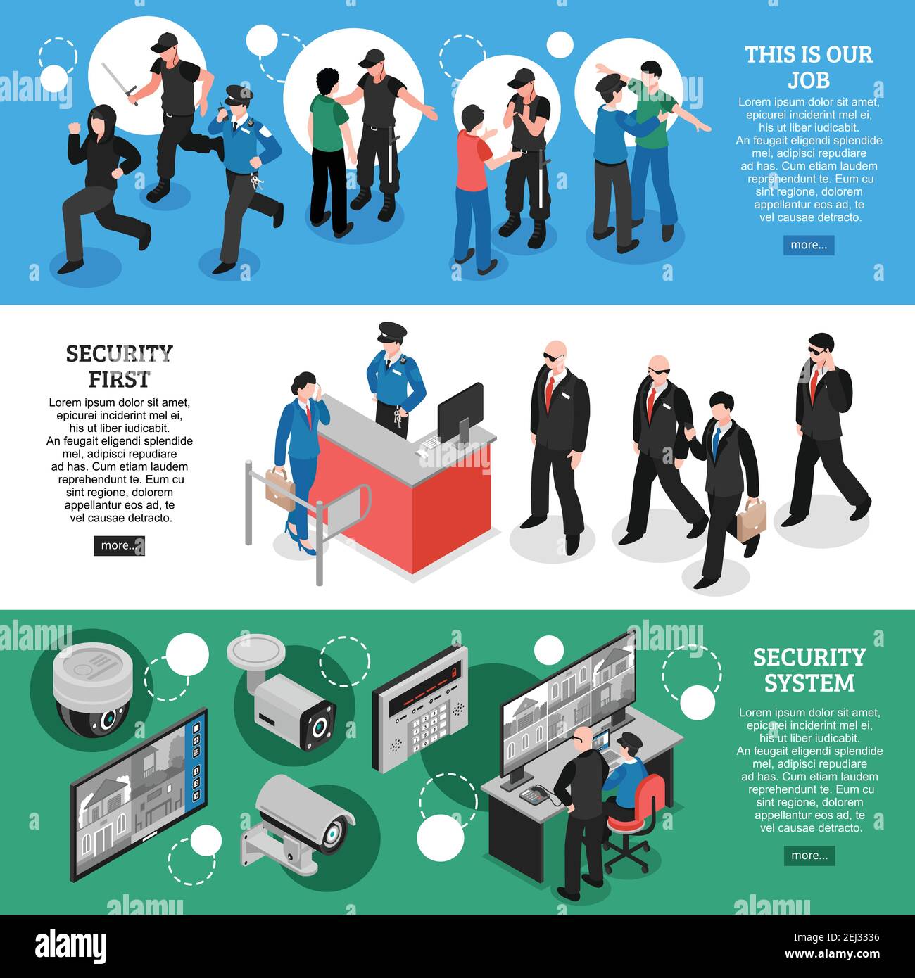 Set of horizontal isometric banners with work of guards, security ...