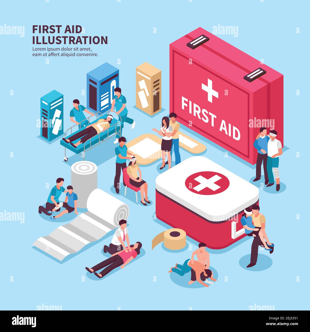 Isometric first aid composition with conceptual images of medicine box ...