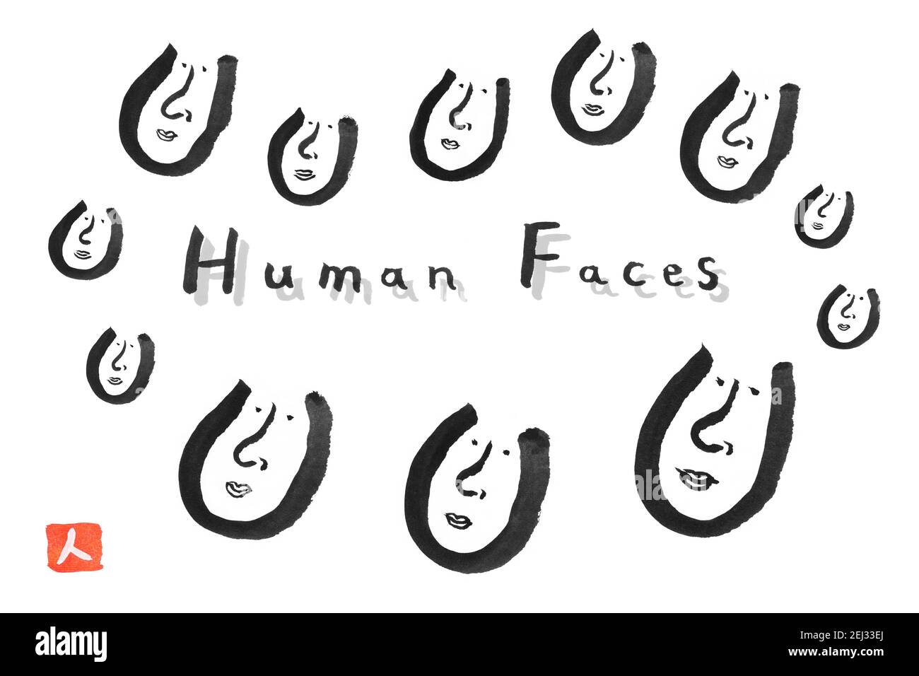 human face icon set, natural black ink line art, illustration, sumi ...
