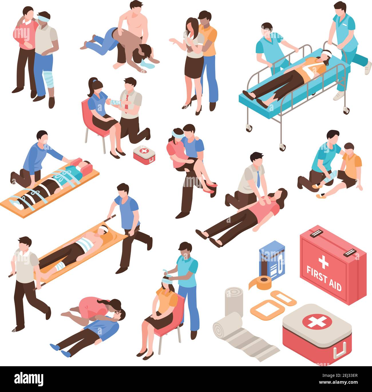 First aid isometric set with people during help victim persons ...