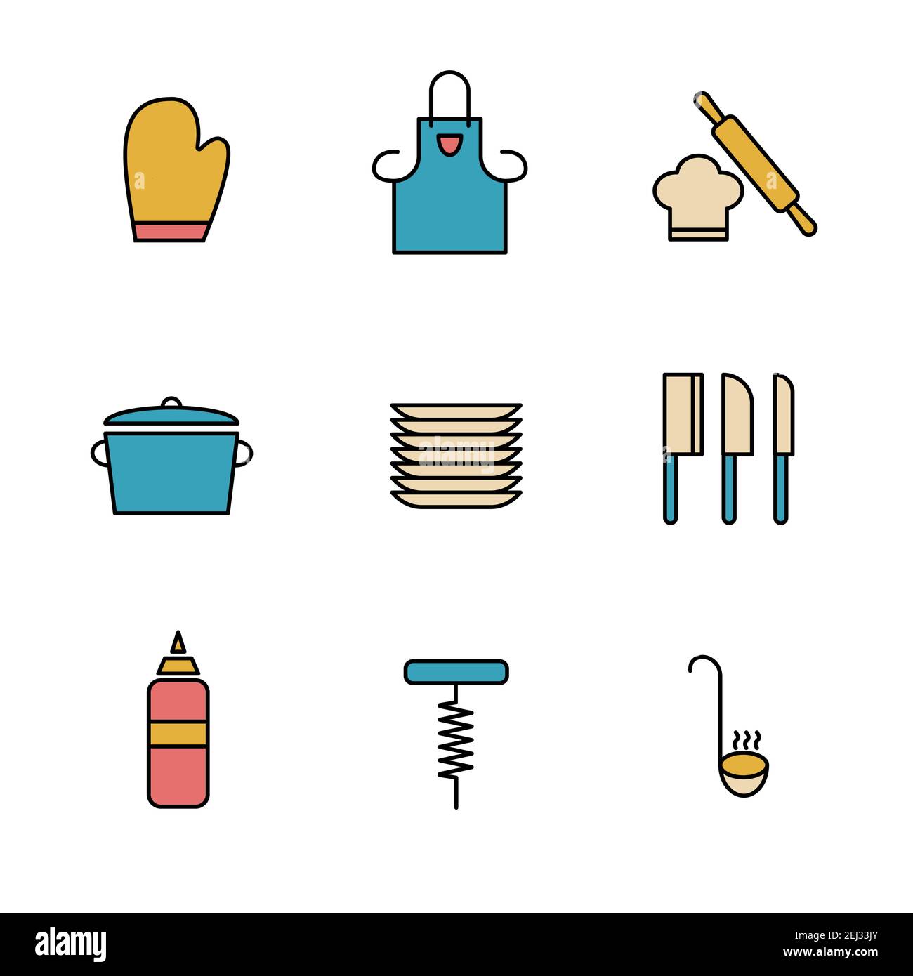 Set of Simple colored kitchen utensils icon in trendy line style ...