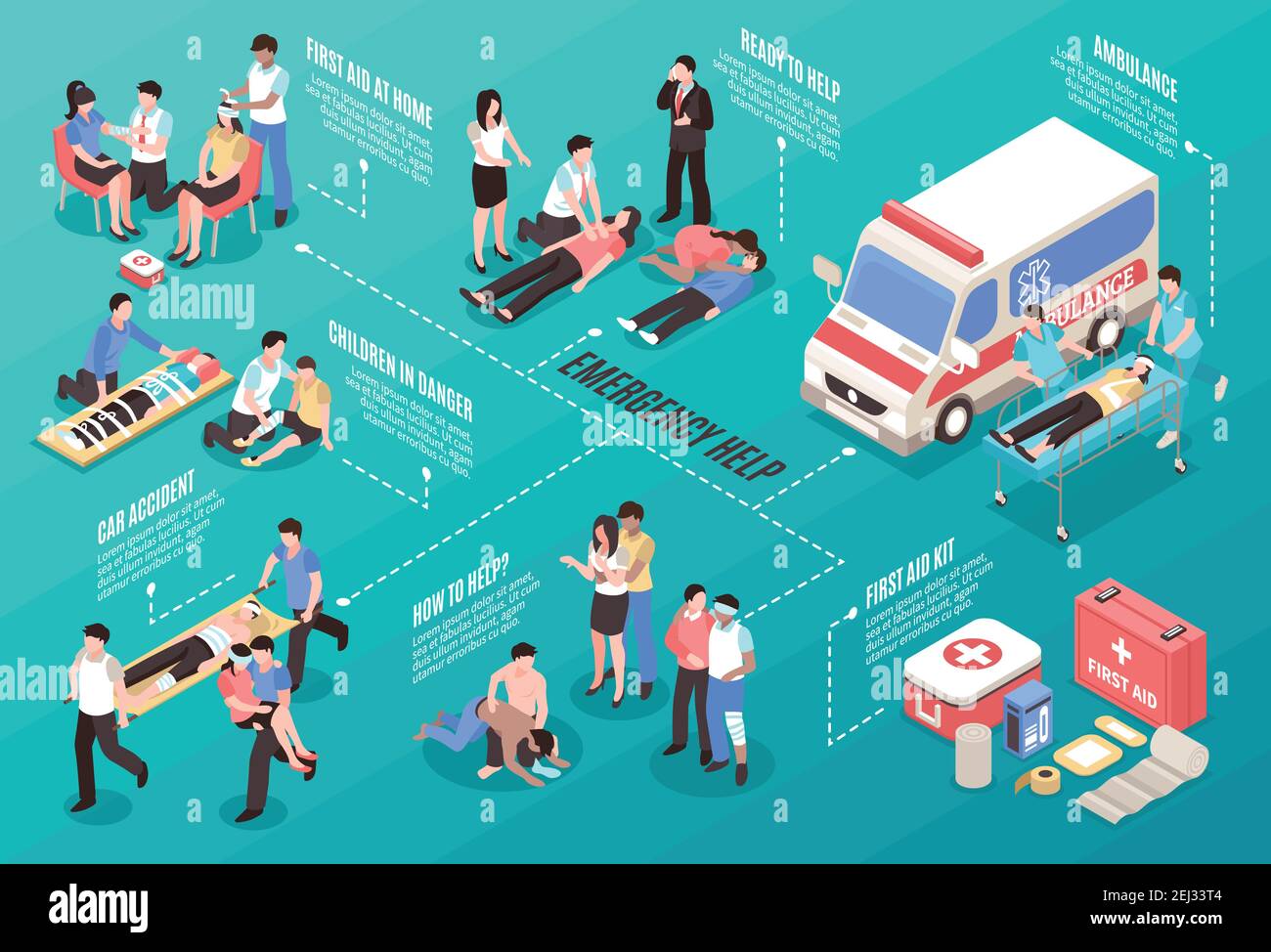 Isometric first aid horizontal composition with images of ambulance ...