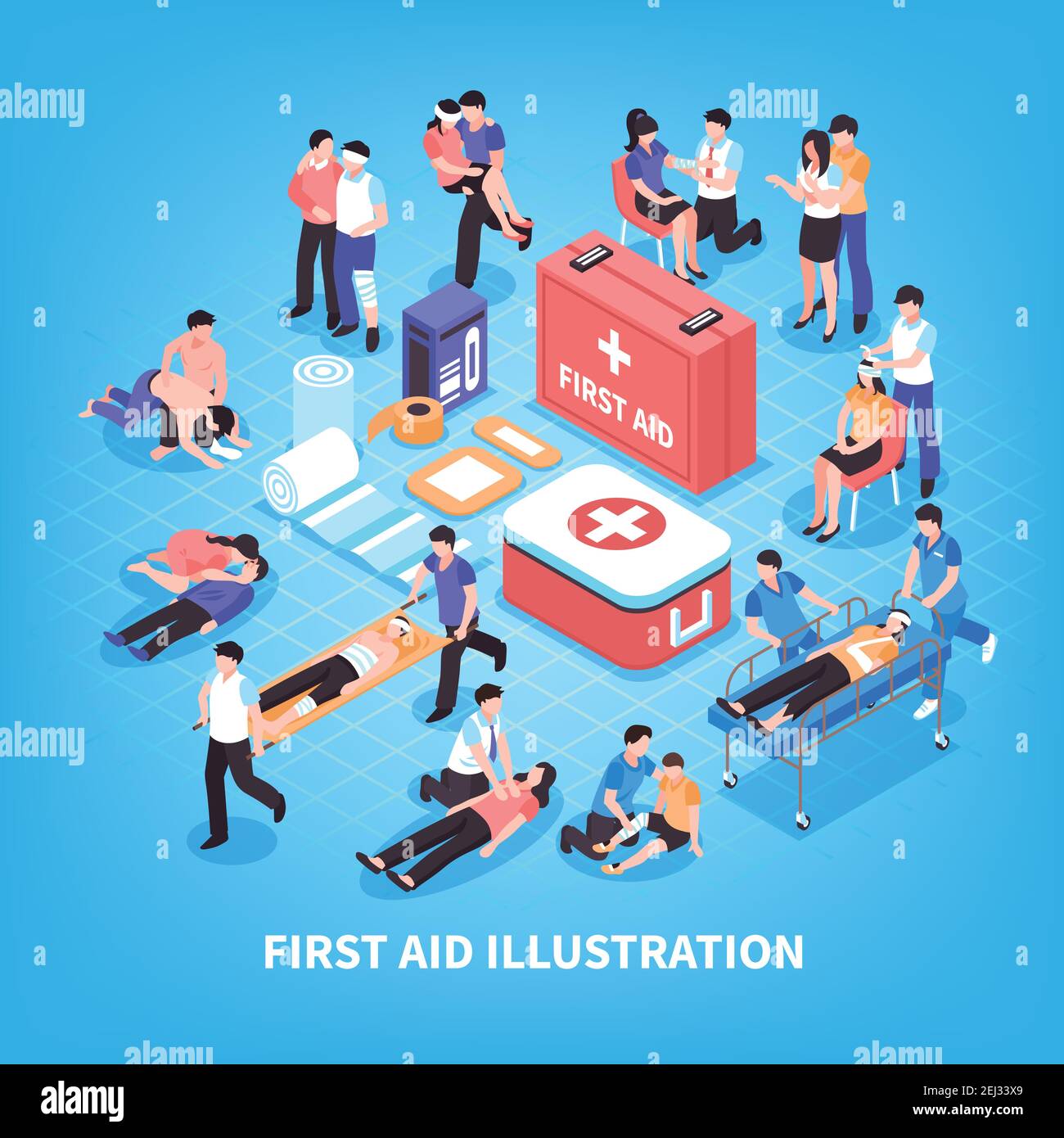 First aid isometric composition with rescue of victim persons ...