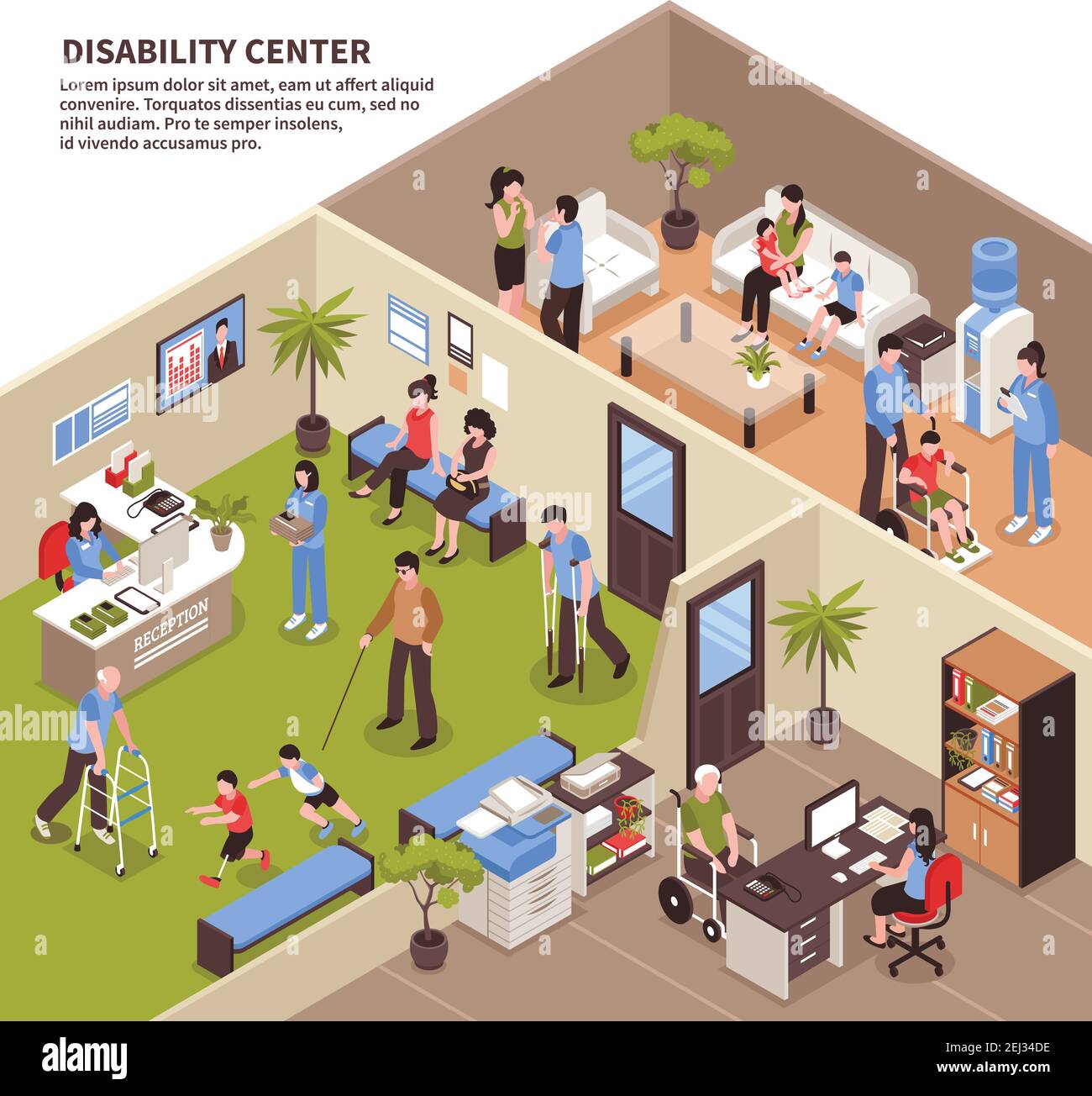 Social service disabled people composition with view of isometric ...