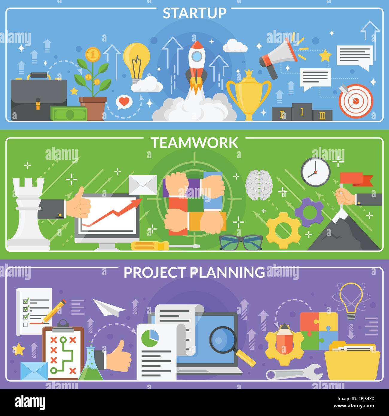 Set of horizontal banners with startup development concept including ...