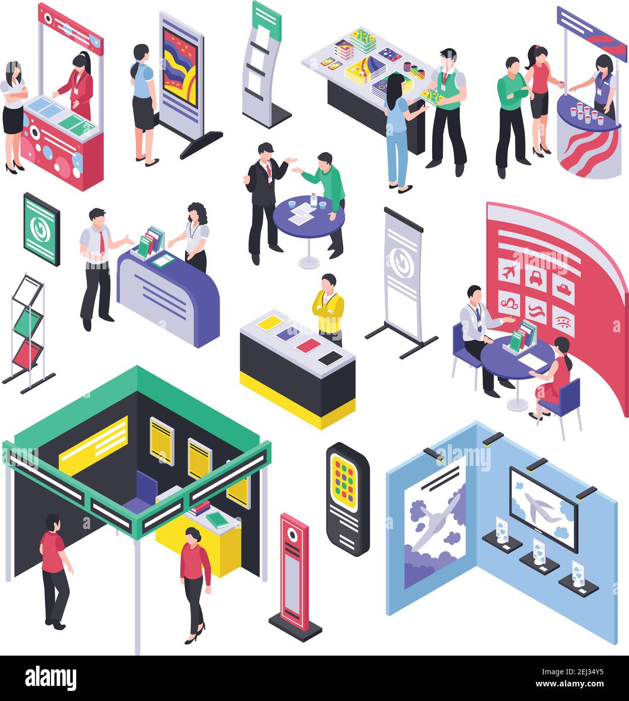 Isometric expo stand trade show exhibition set of isolated exhibit ...