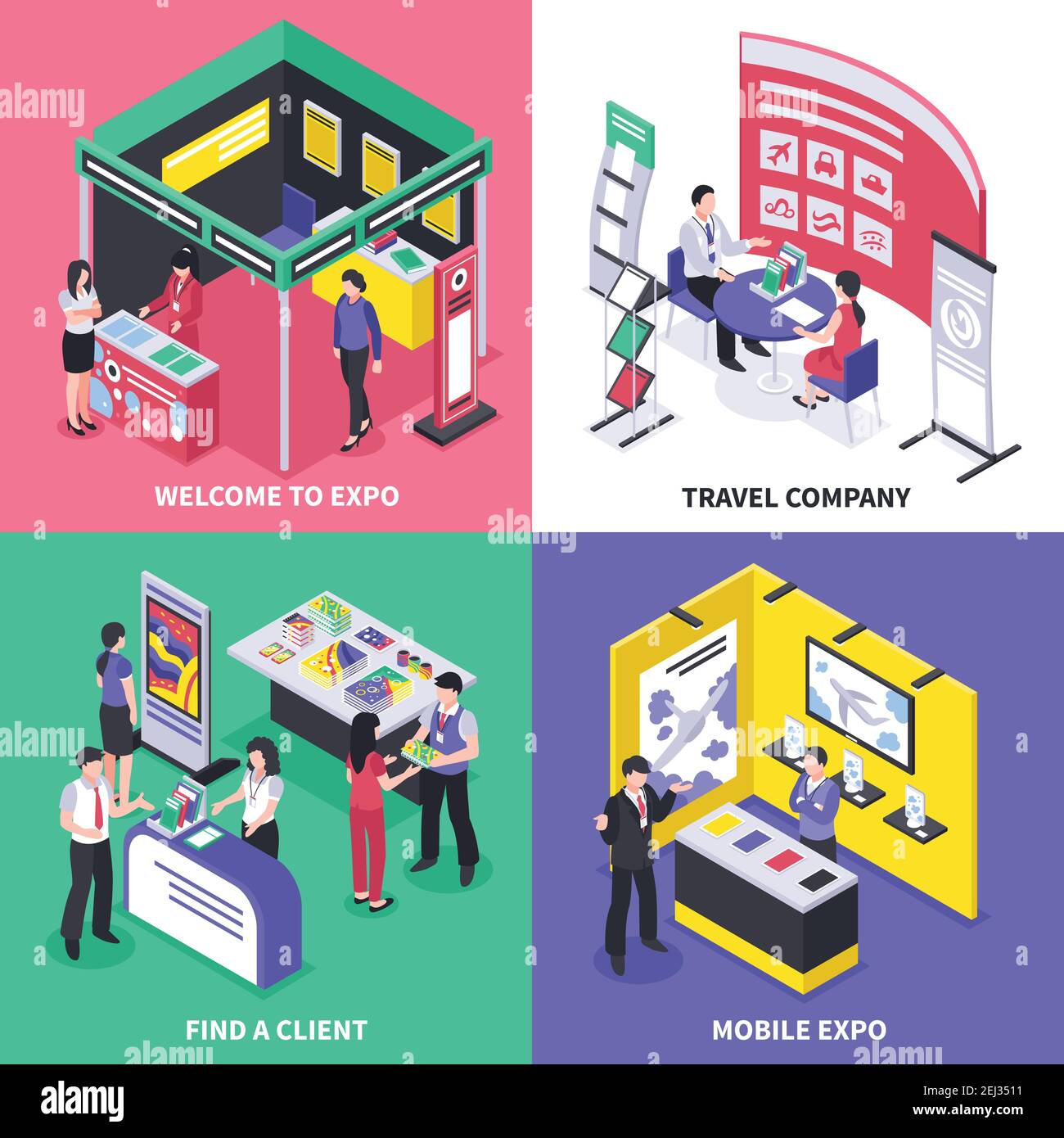Isometric expo stand exhibition design concept with images of different ...