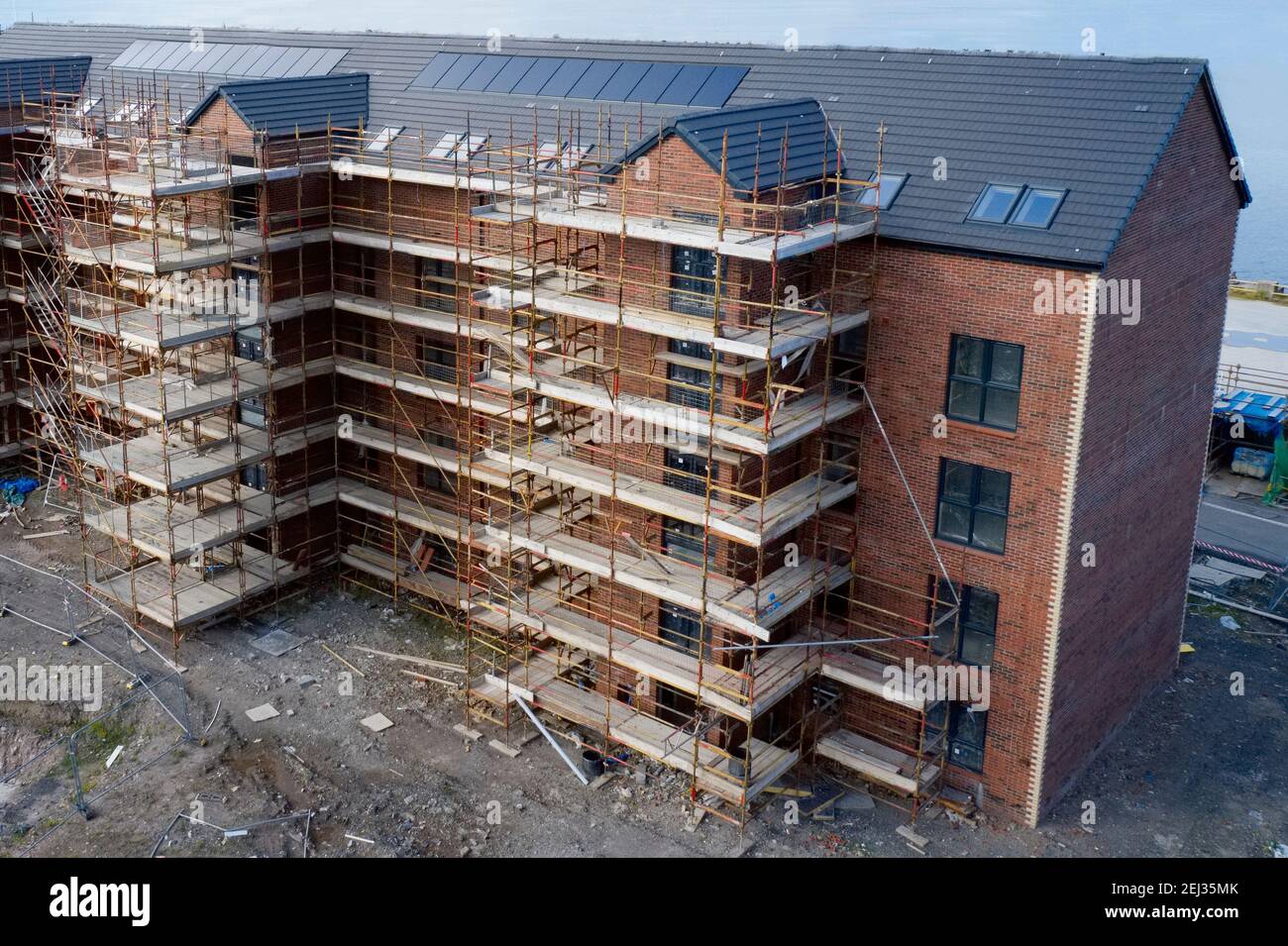 House development construction site in progress with scaffold Stock ...