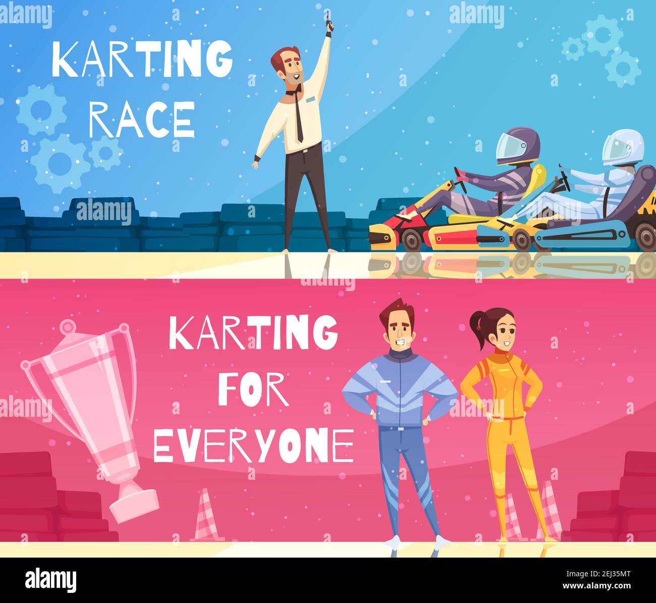 Colorful cartoon set of horizontal banners with kart racing winners ...
