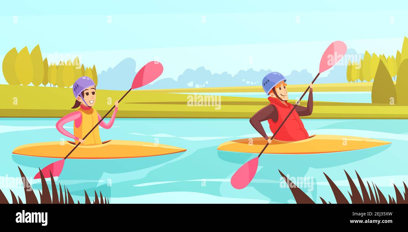 Two people doing water sports in rowing boats on river cartoon vector ...