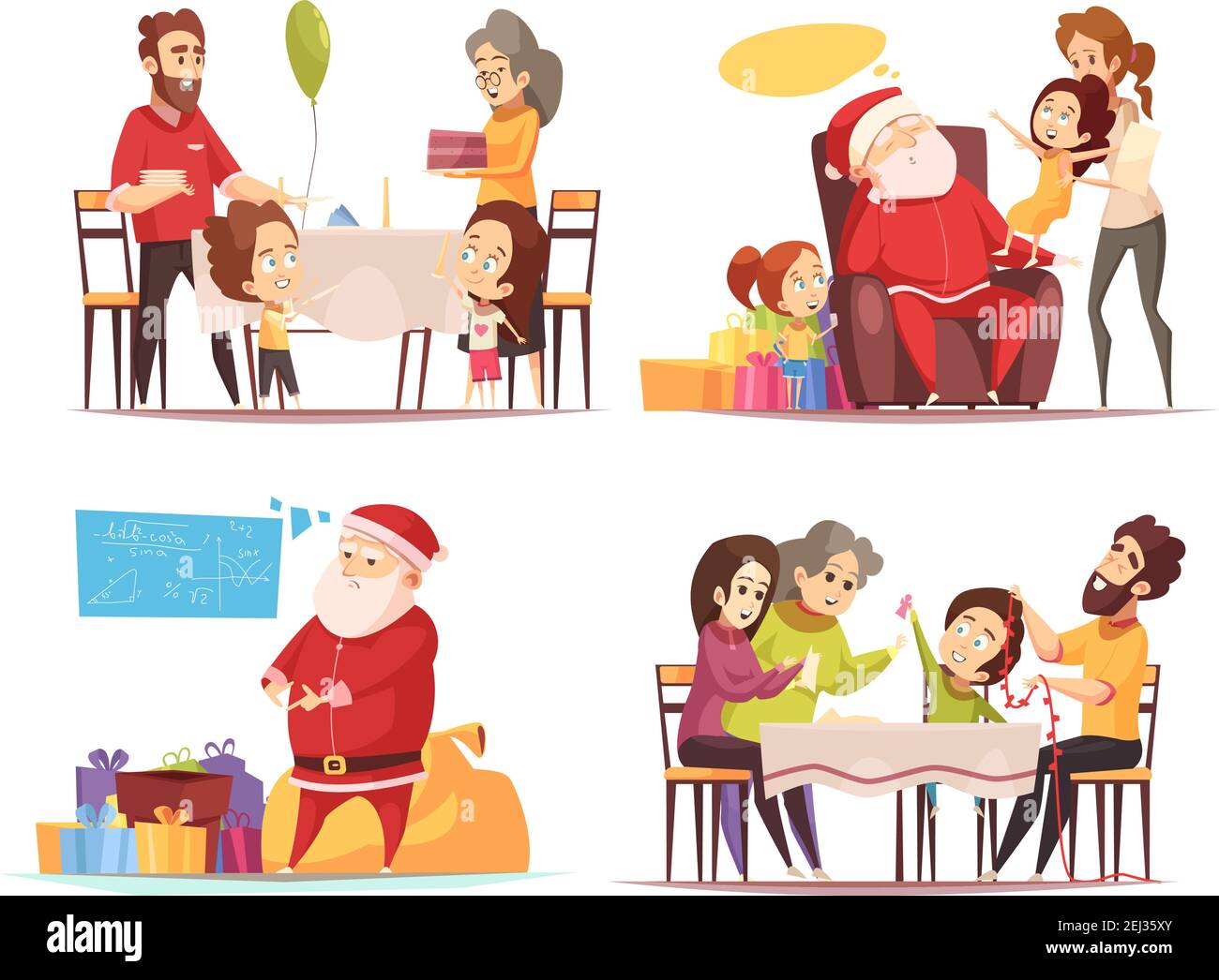 Tired santa claus with presents and people celebrating christmas 2x2 ...