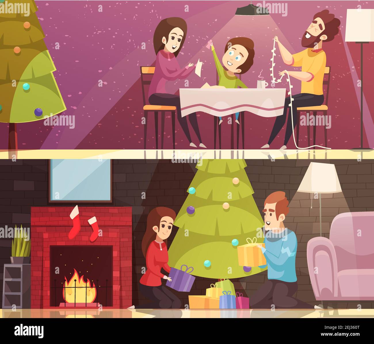 Horizontal cartoon banners set with people celebrating christmas at ...