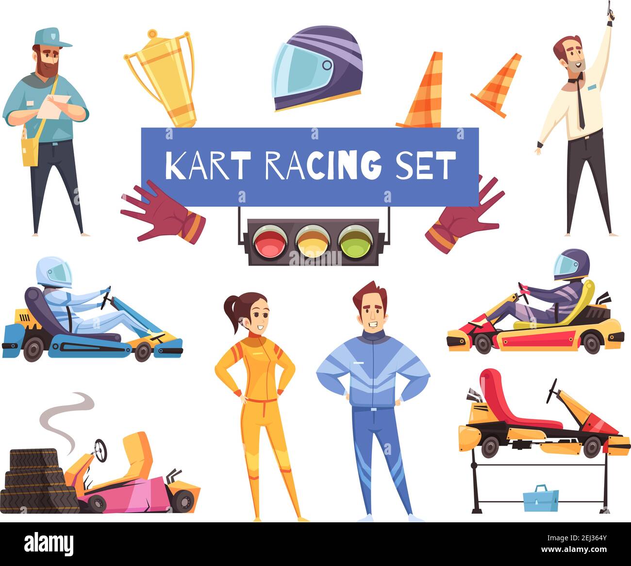 Colorful set of karting racers and equipment isolated on white ...