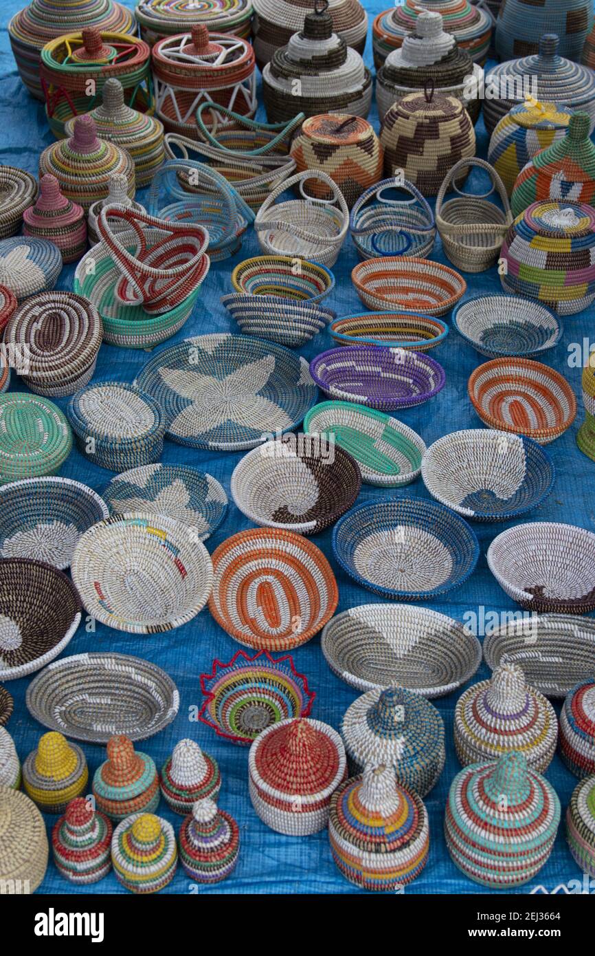 A vertical shot of handmade African objects in a street market Stock ...