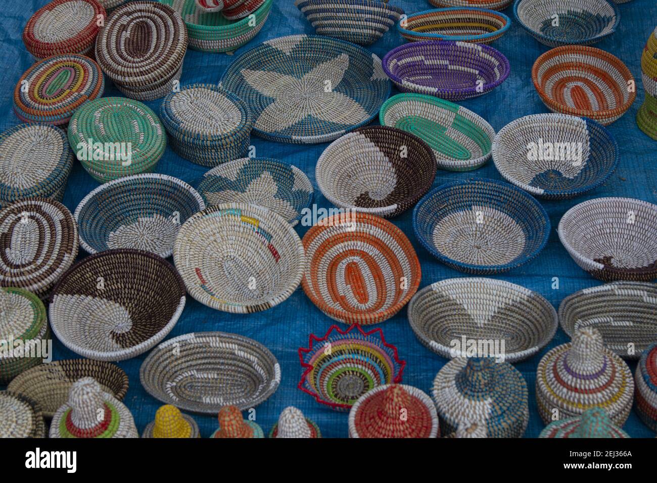 A high angle shot of beautiful African handmade objects in a street ...