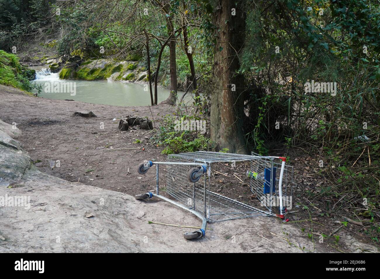 A shopping cart fallen on the ground near the river Stock Photo - Alamy