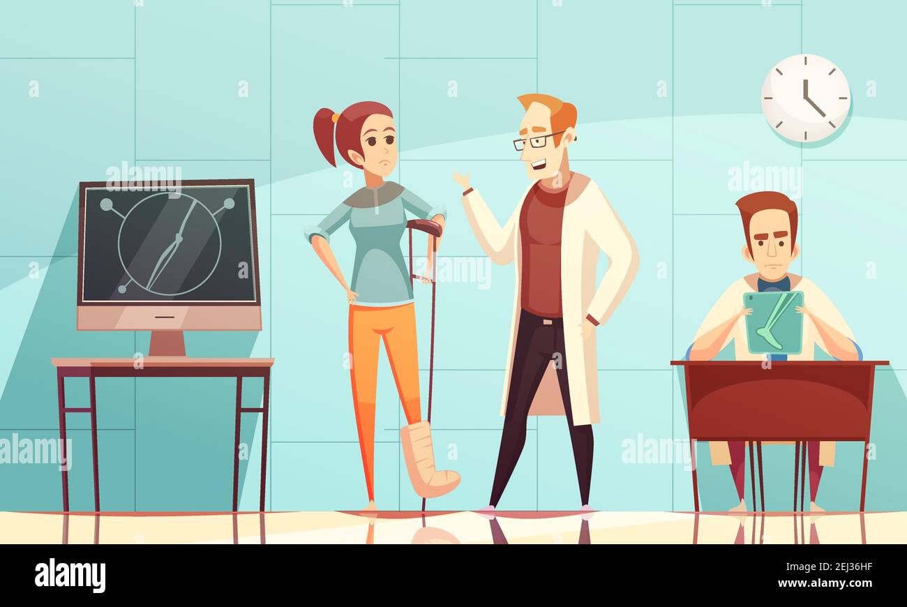 Young woman in consulting room of orthopedist doctor cartoon vector ...