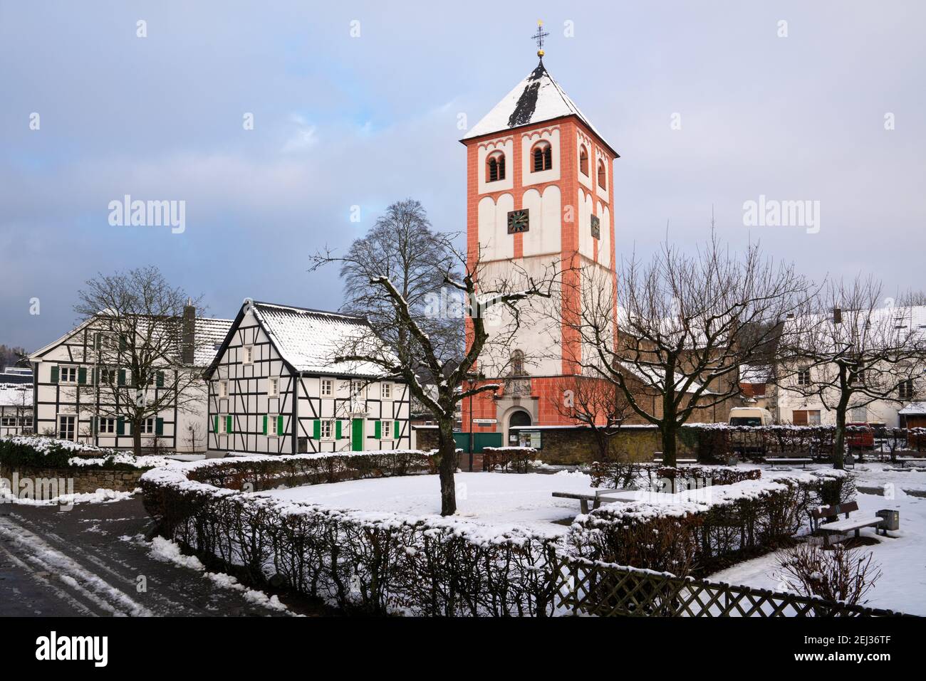 Center of village Odenthal with parish church and old buildings on a ...