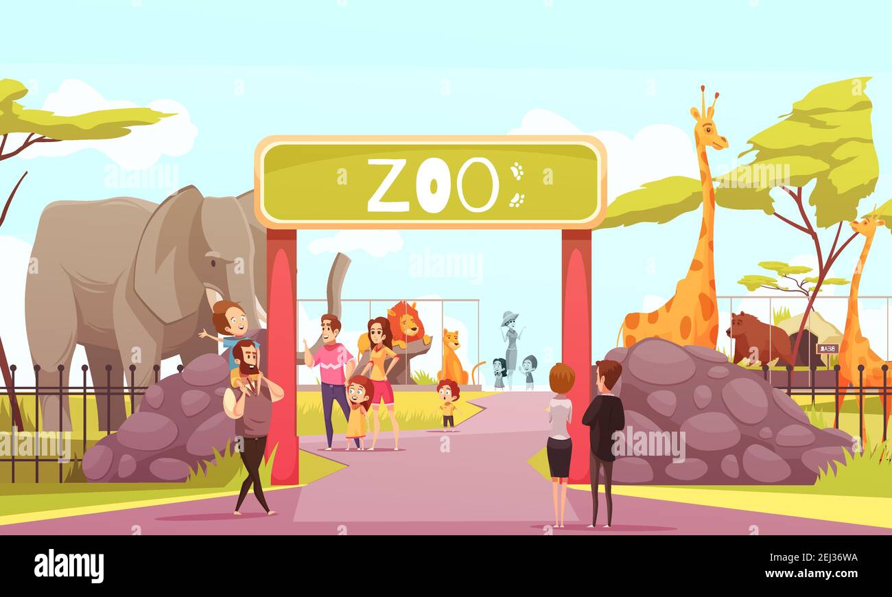 Zoo Entrance Gates Cartoon Poster With Elephant Giraffe Zoo Cartoon