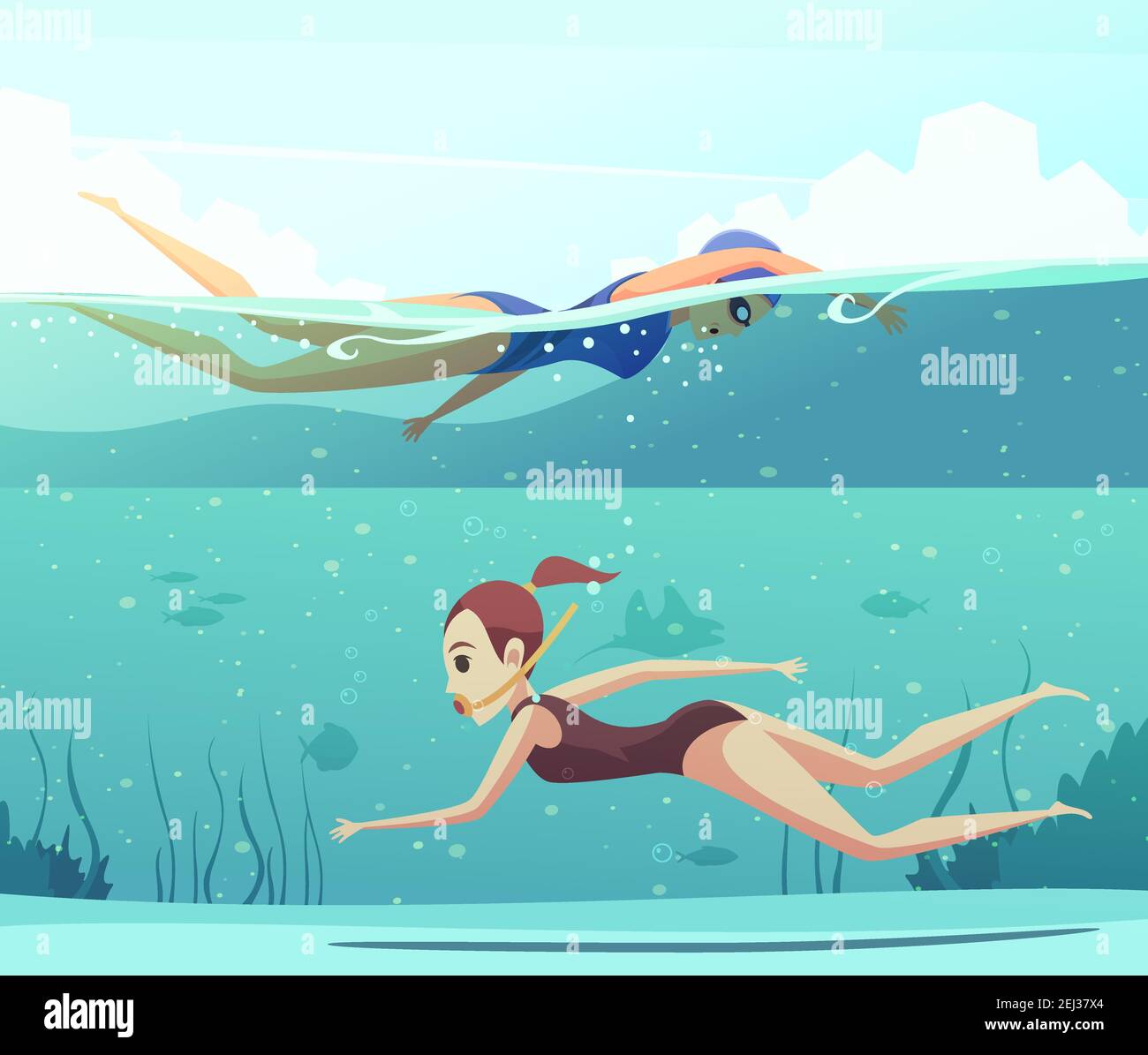 Cartoon set of horizontal banners with two women doing water sports and ...