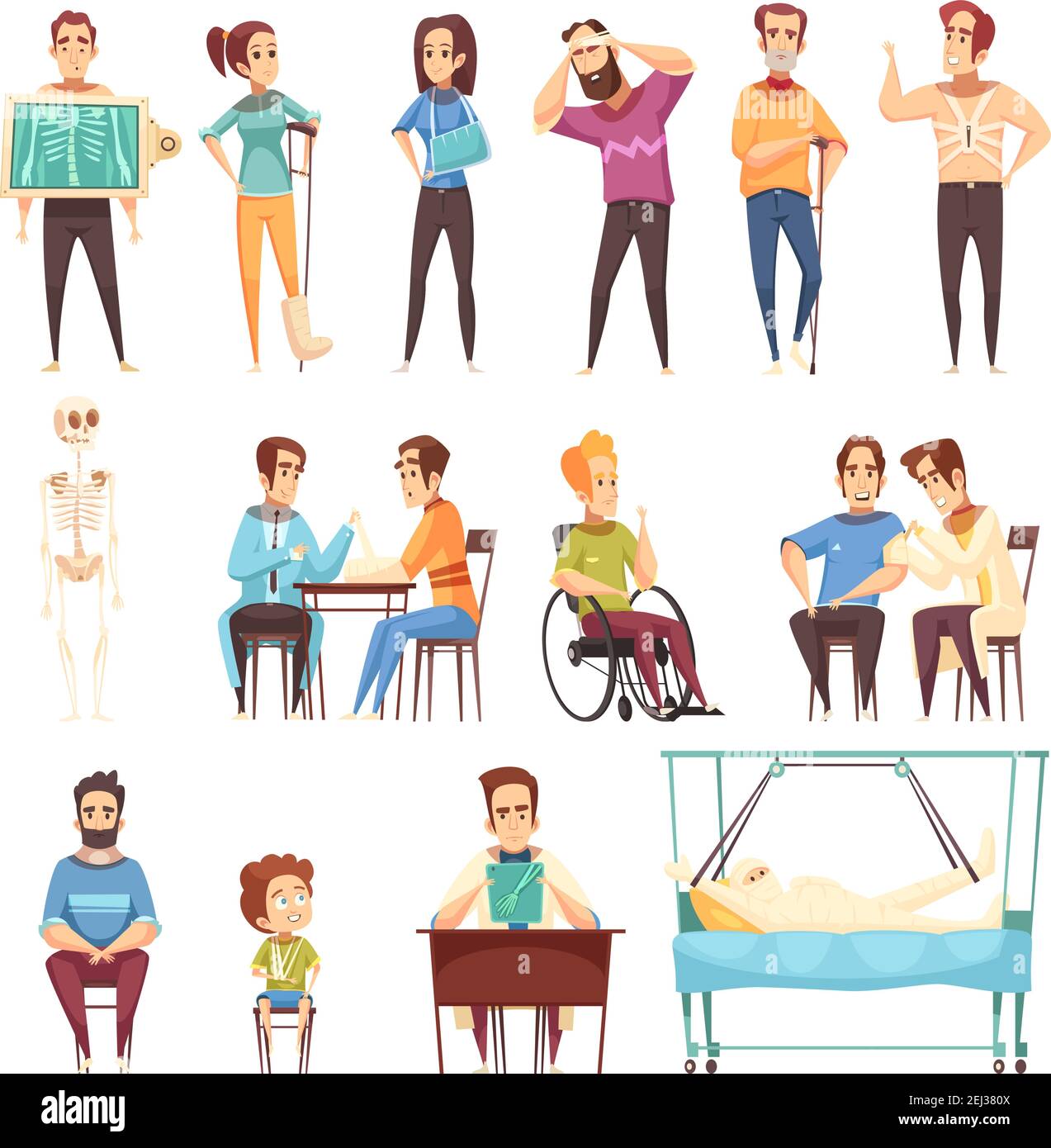 Male and female people with various injuries consulting traumatologist ...