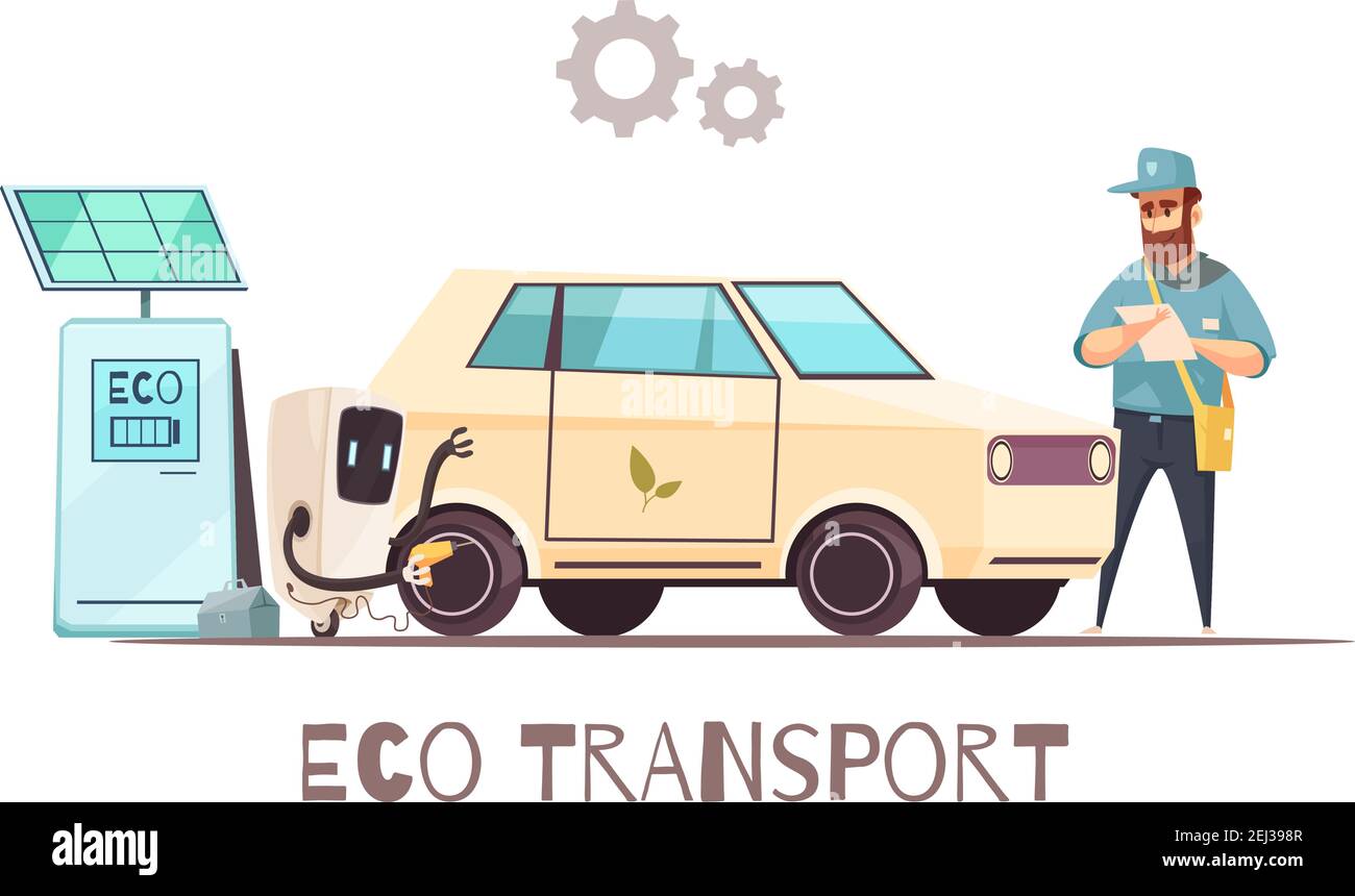 Eco transportation cartoon poster with environment friendly clean ...